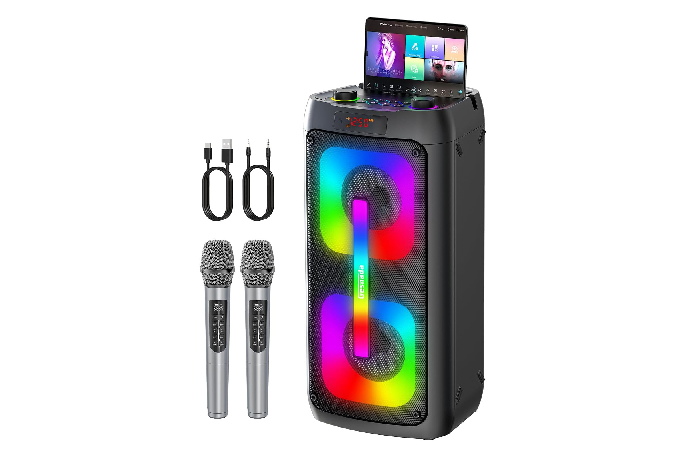 Karaoke Machine 60W PA System 2 Wireless Mics Bluetooth 5.3 LED TWS ...